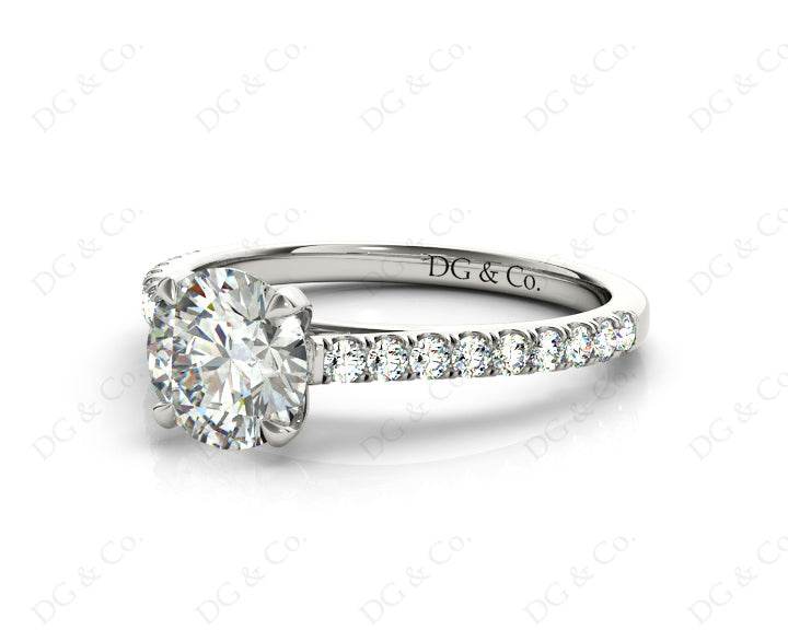 Round Cut Four Claws Diamond Ring with Pave Set Side Stones - Platinum ...