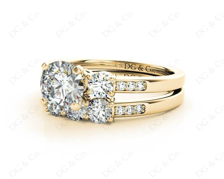 Round Cut Diamond trilogy wedding set rings with claw set side stone ...